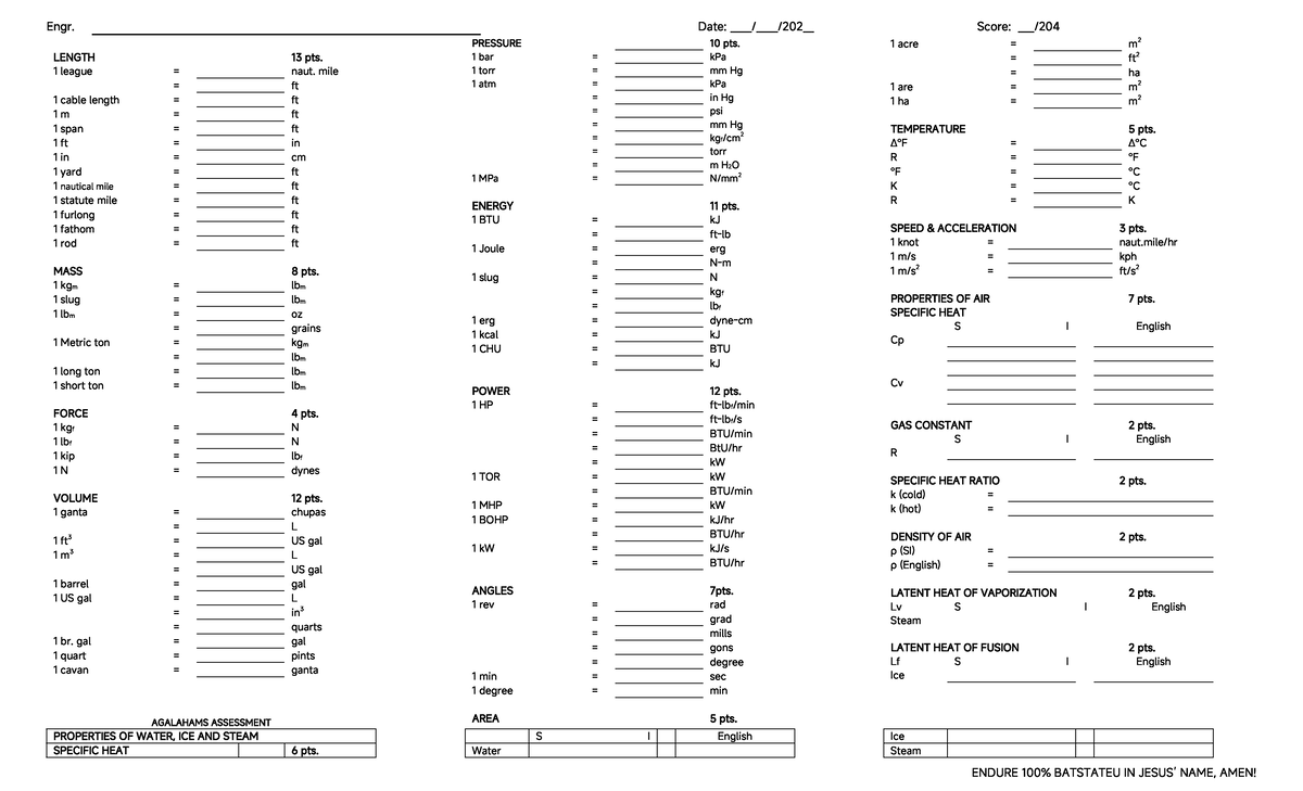 ENGR 100 - Agalahams Measurement Conversions and Properties Notes - Studocu