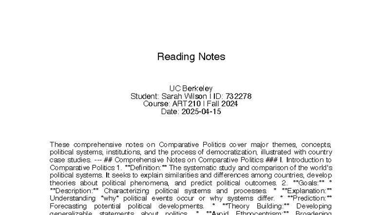Comprehensive Notes on Comparative Politics ART210 Fall 2024 - Studocu