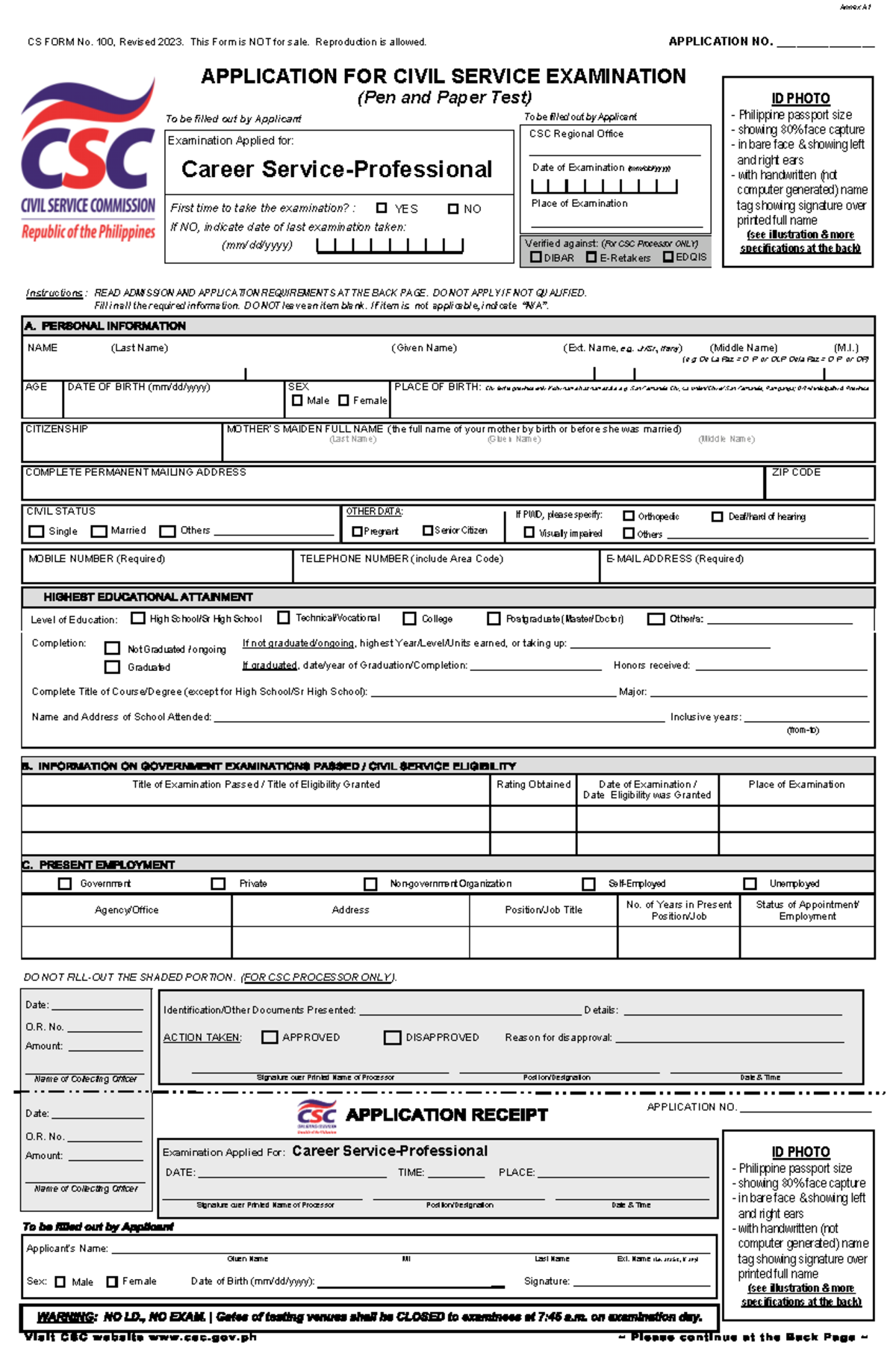 APPLICATION FOR CIVIL SERVICE EXAMINATION (CS FORM No. 100) - Studocu