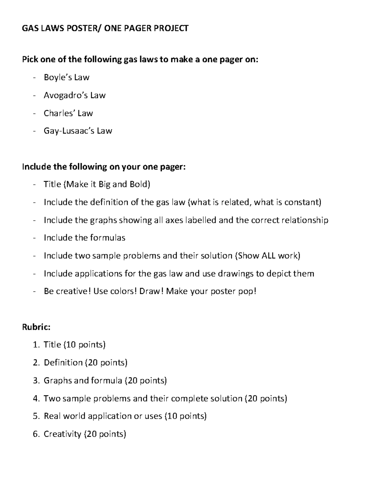 GAS LAWS Poster Project: Creative One-Pager Guide - Studocu