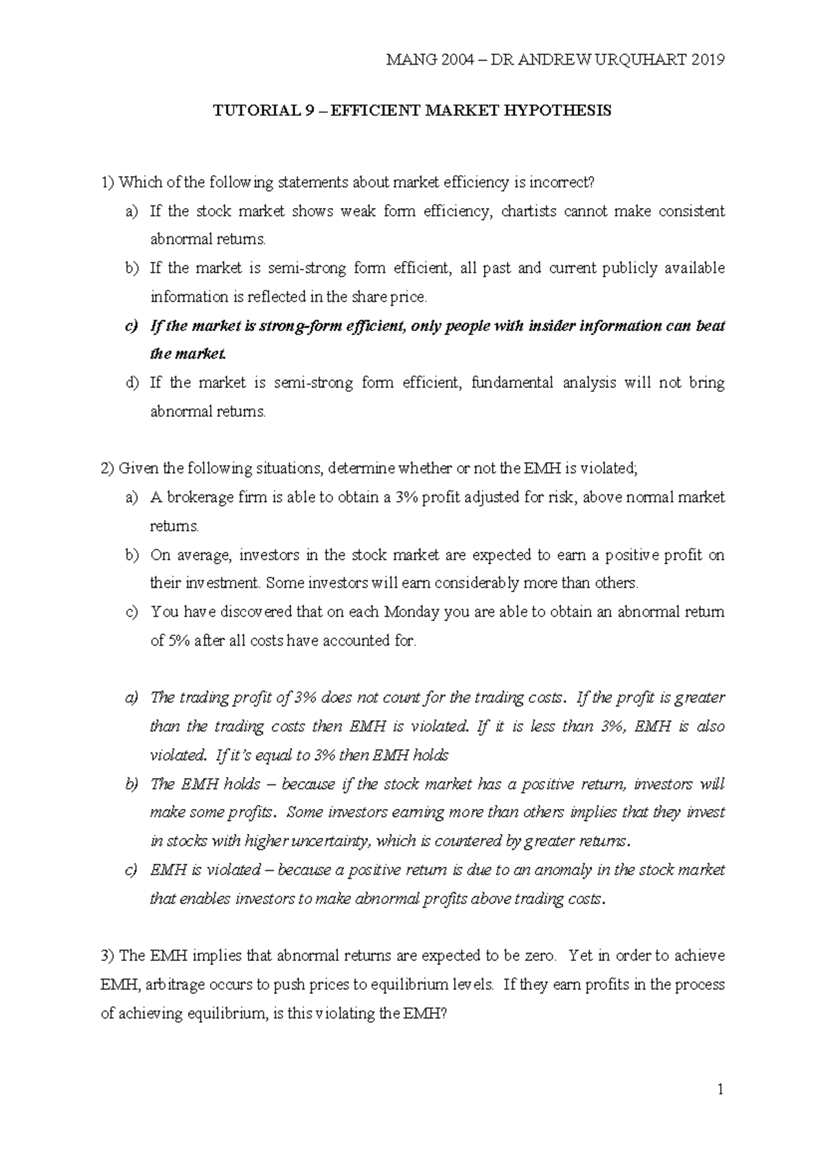 Tutorial 9: Answers on Efficient Market Hypothesis (EMH) Concepts - Studocu
