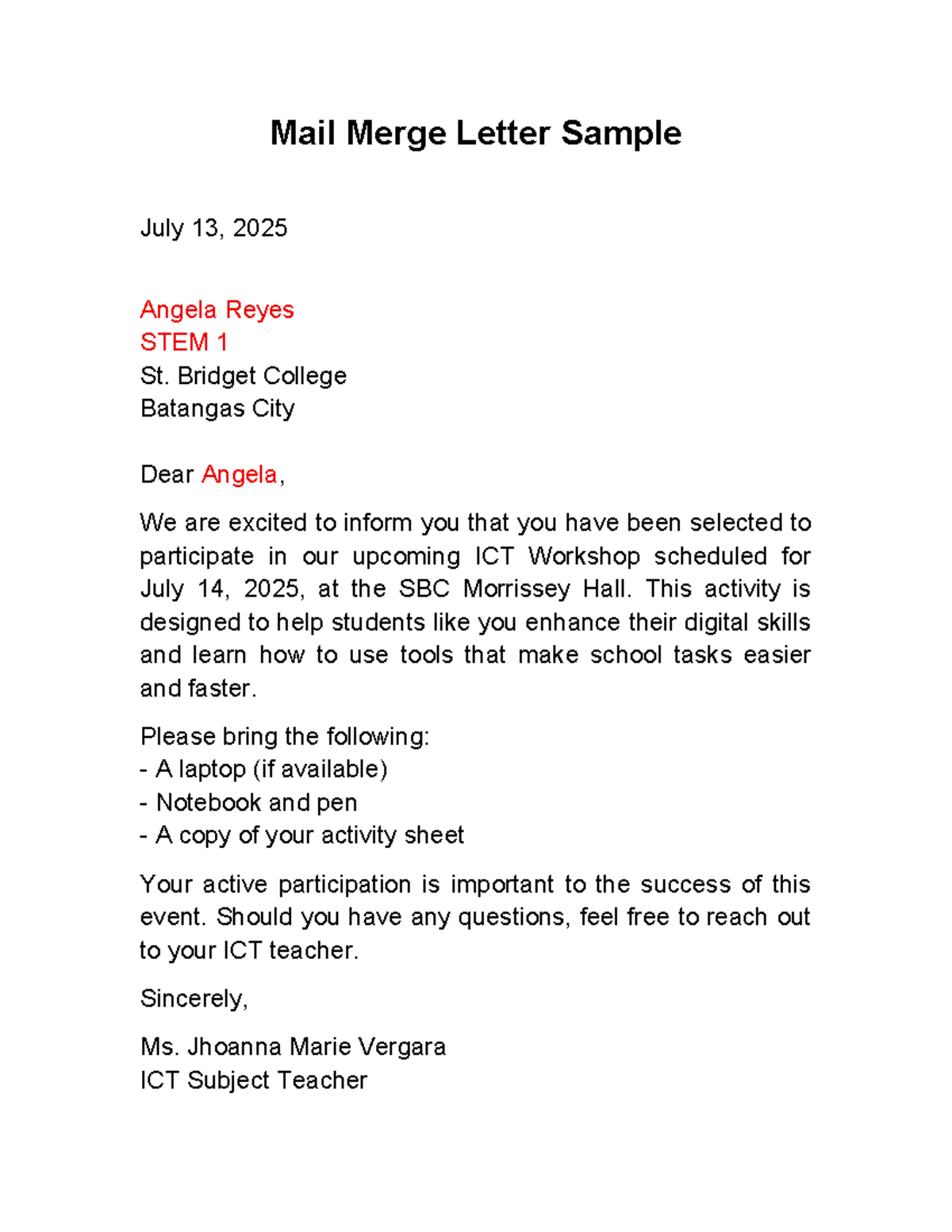 Mail Merge Letter Sample for ICT Workshop - Group 5 - Studocu