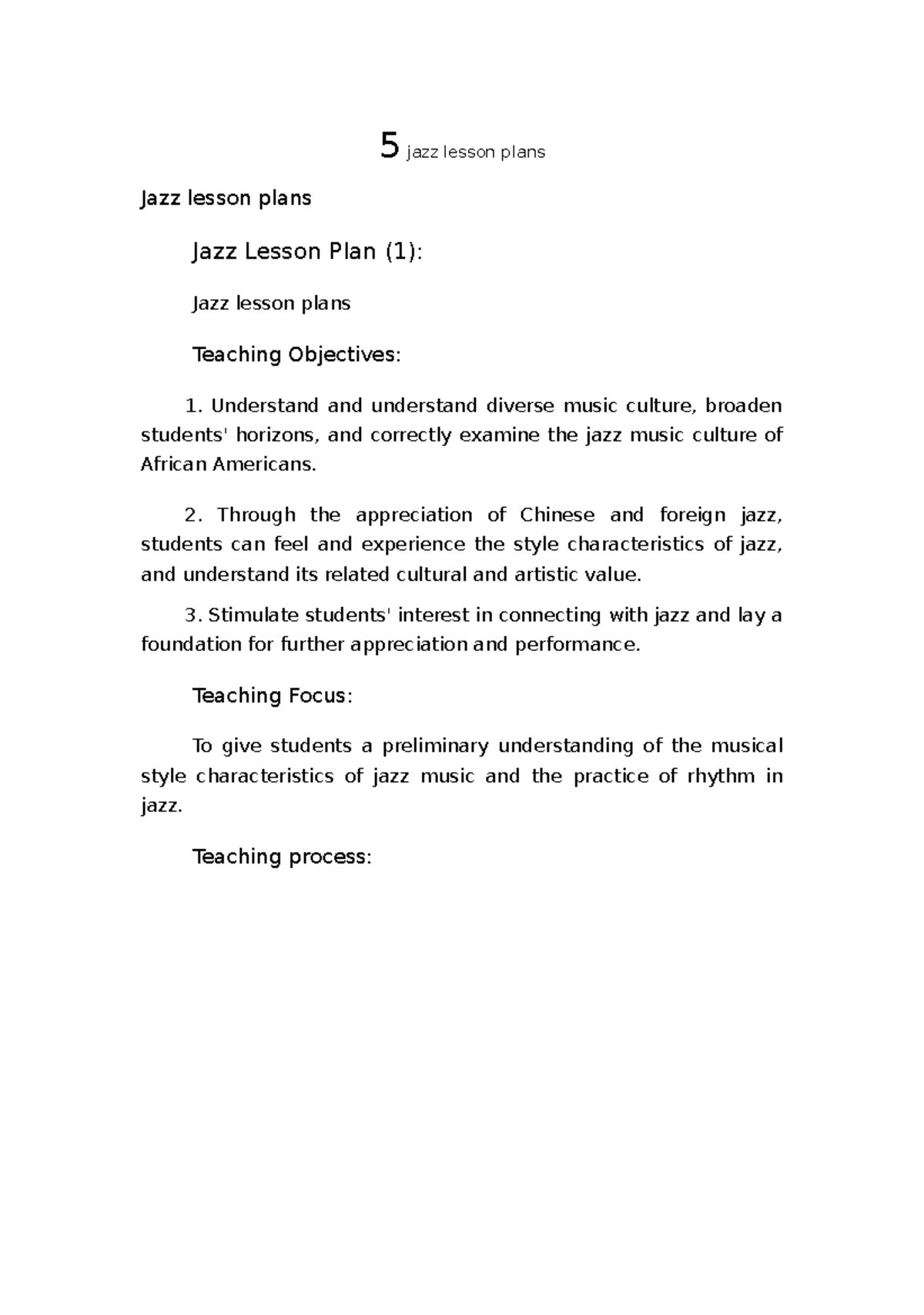 DANCE 152 - Jazz Lesson Plans: Exploring Cultural Music Education - Studocu