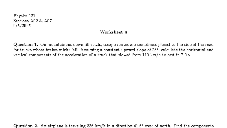 Physics 121 A02 A07 Worksheet 4: Acceleration & Velocity Components - Studocu