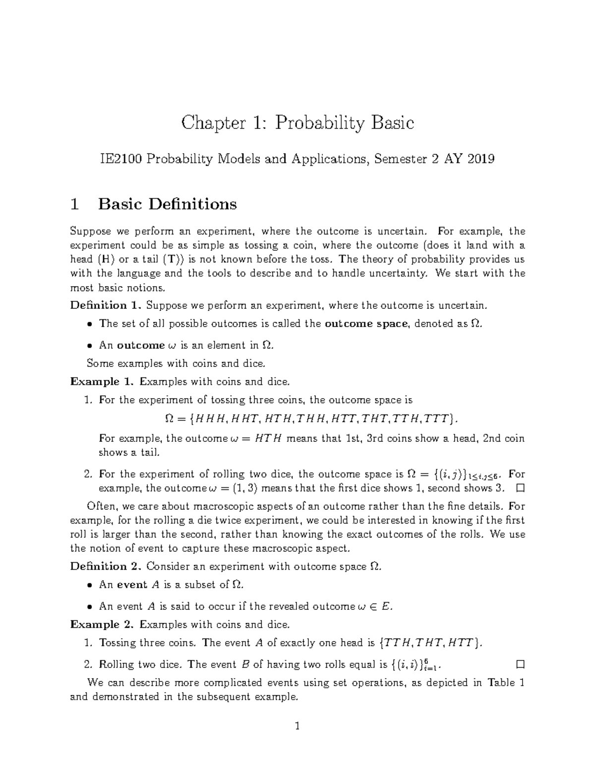 Chap1 - Chapter 1: Probability Basic IE2100 Probability Models and Applications, Semester 2 AY ...