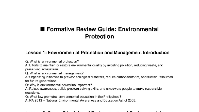 Module 4 - Environmental Protection: Formative Review Guide - Studocu