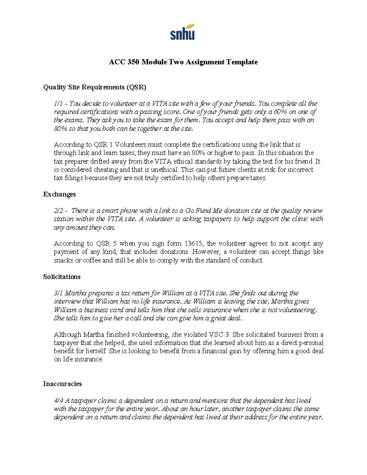 ACC 350 Module Two Assignment: Ethical Standards in VITA Volunteering ...