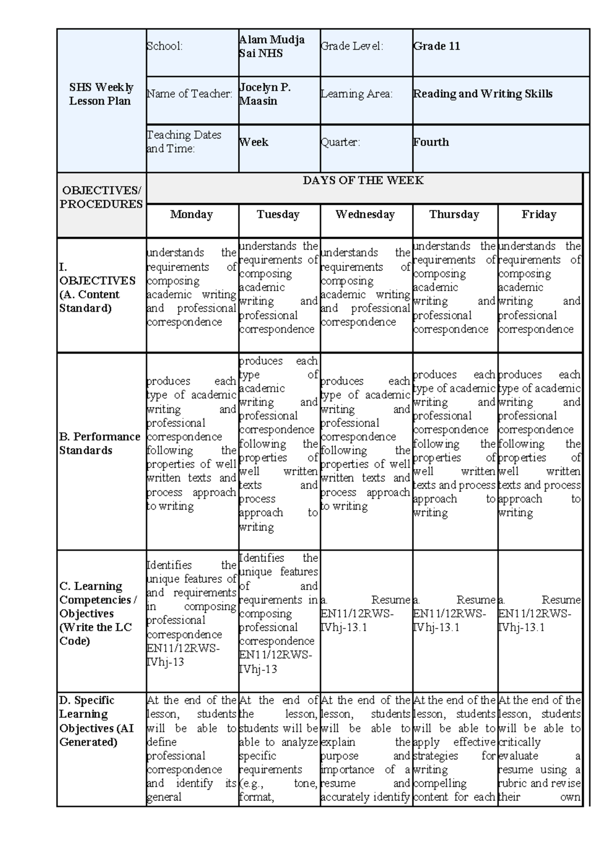 DLL Grade 11 Reading and Writing Skills Weekly Lesson Plan - Studocu