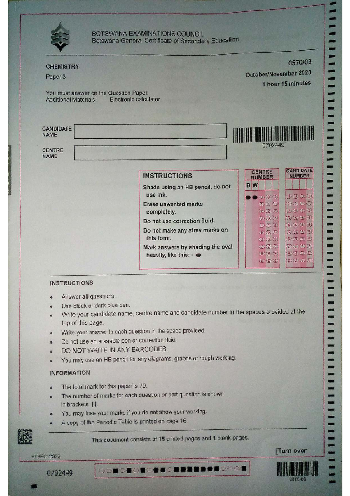Chemistry 2023 - BEC GCE Paper 3 Exam Instructions and Questions - Studocu