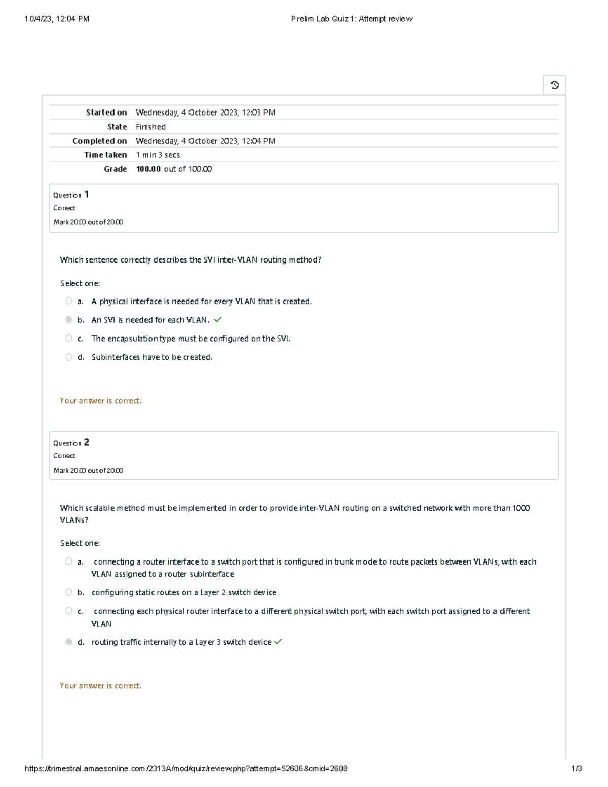 Data comms 3 lab quiz 1 - Try n try - 10/4/23, 12:04 PM Prelim Lab Quiz 1: Attempt review - Studocu
