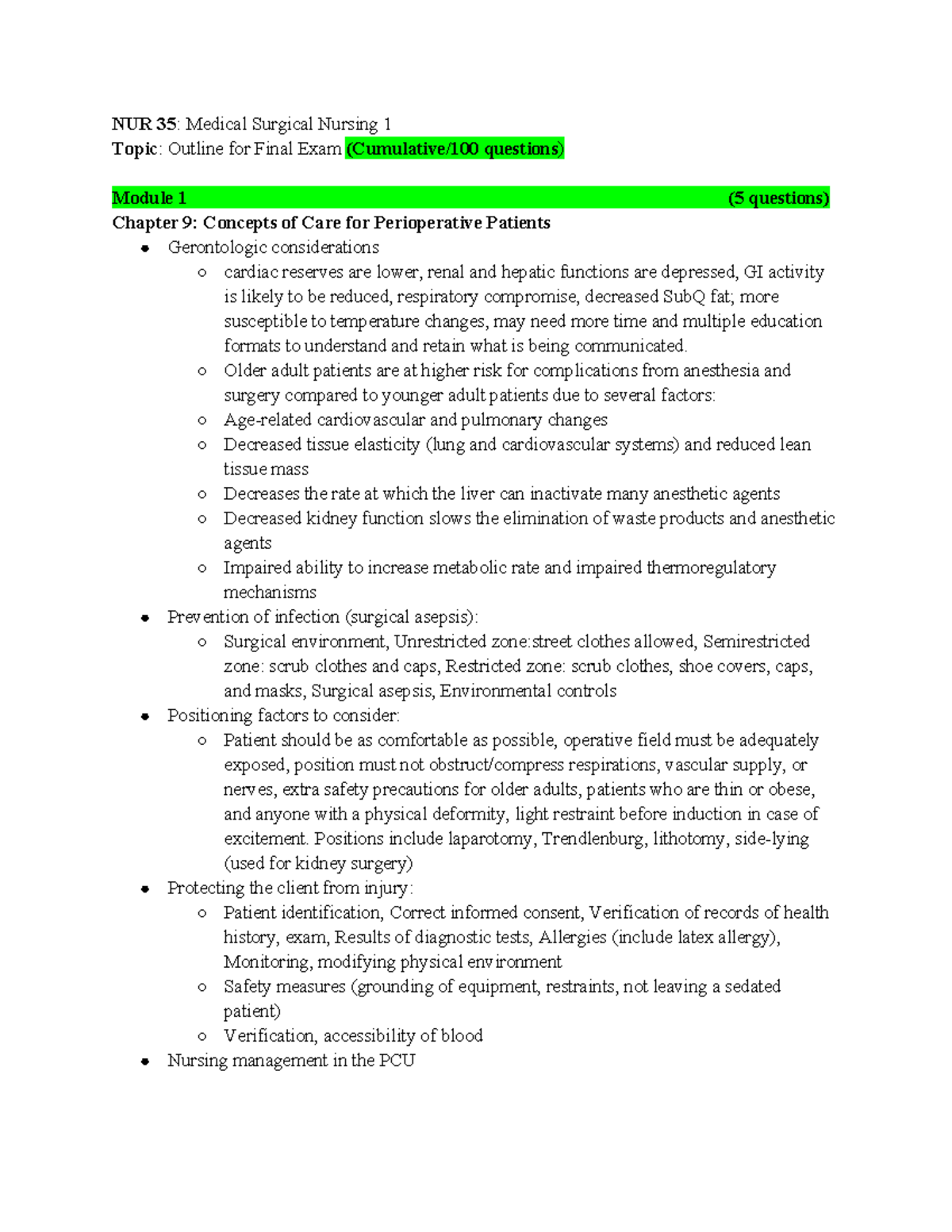 Medical Surgical Final - NUR 35: Medical Surgical Nursing 1 Topic ...