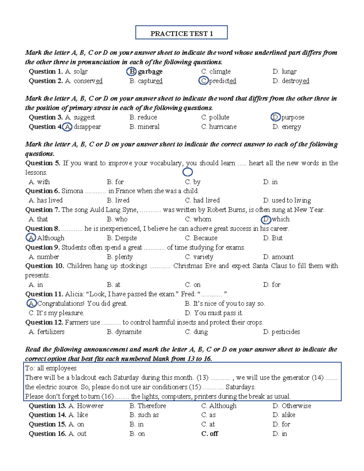 Final Practice Test - Vocab, Grammar, and Comprehension Exercises - Studocu