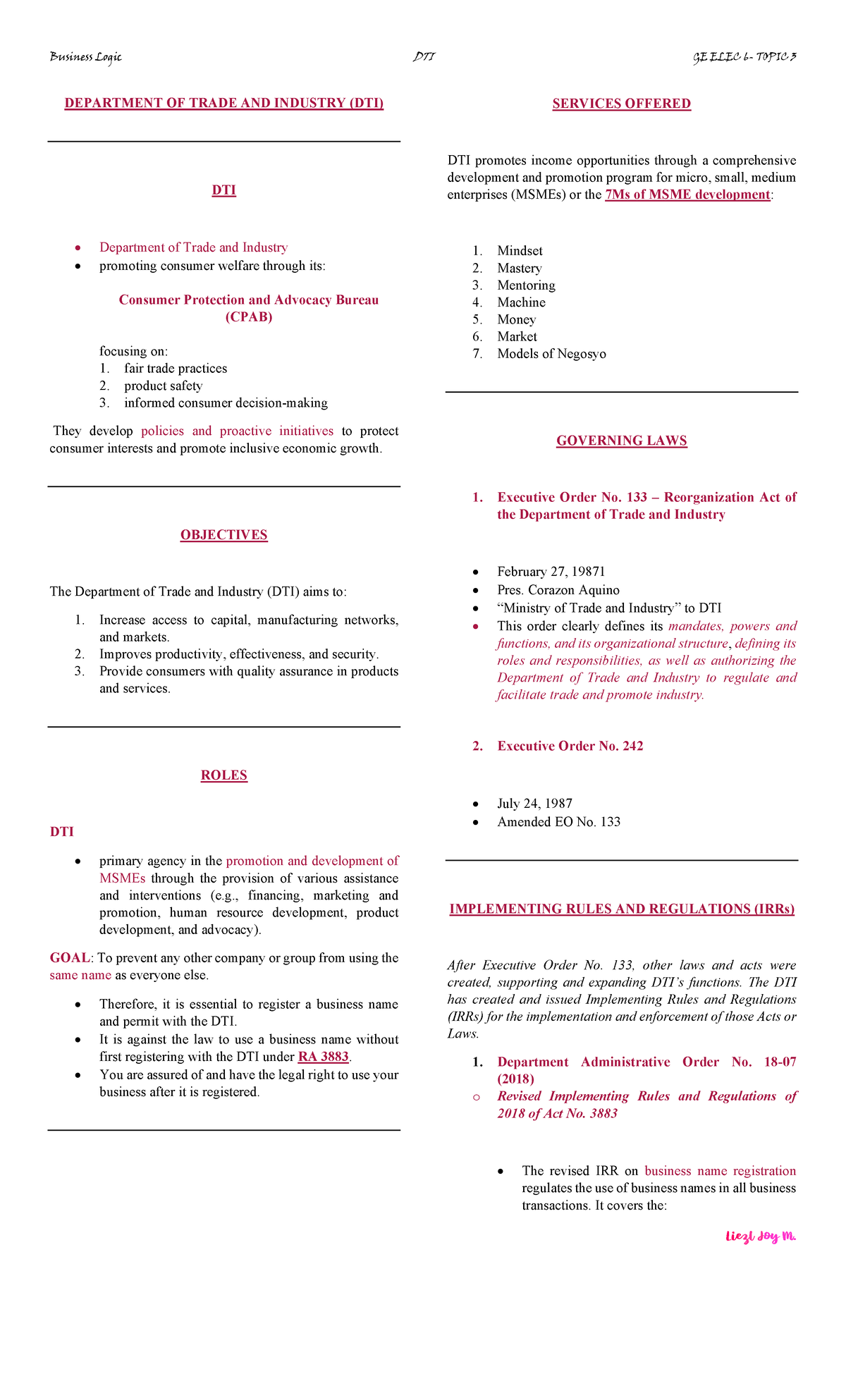 DTI Business Logic: Services, Laws, and Consumer Protection (GE ELEC ...