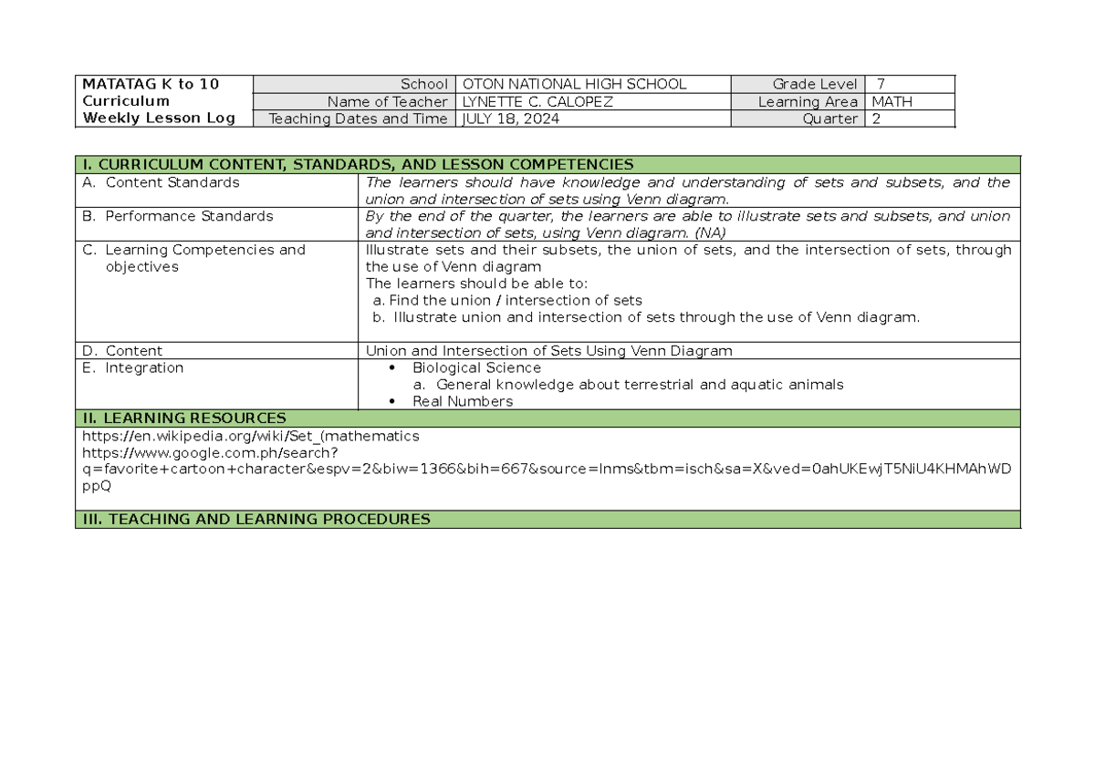 Lesson Plan for Math 7: Union & Intersection of Sets Using Venn ...