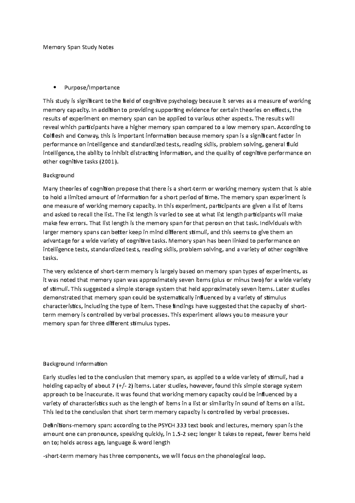 Memory Span Study Notes 3 - Memory Span Study Notes Purpose/Importance ...