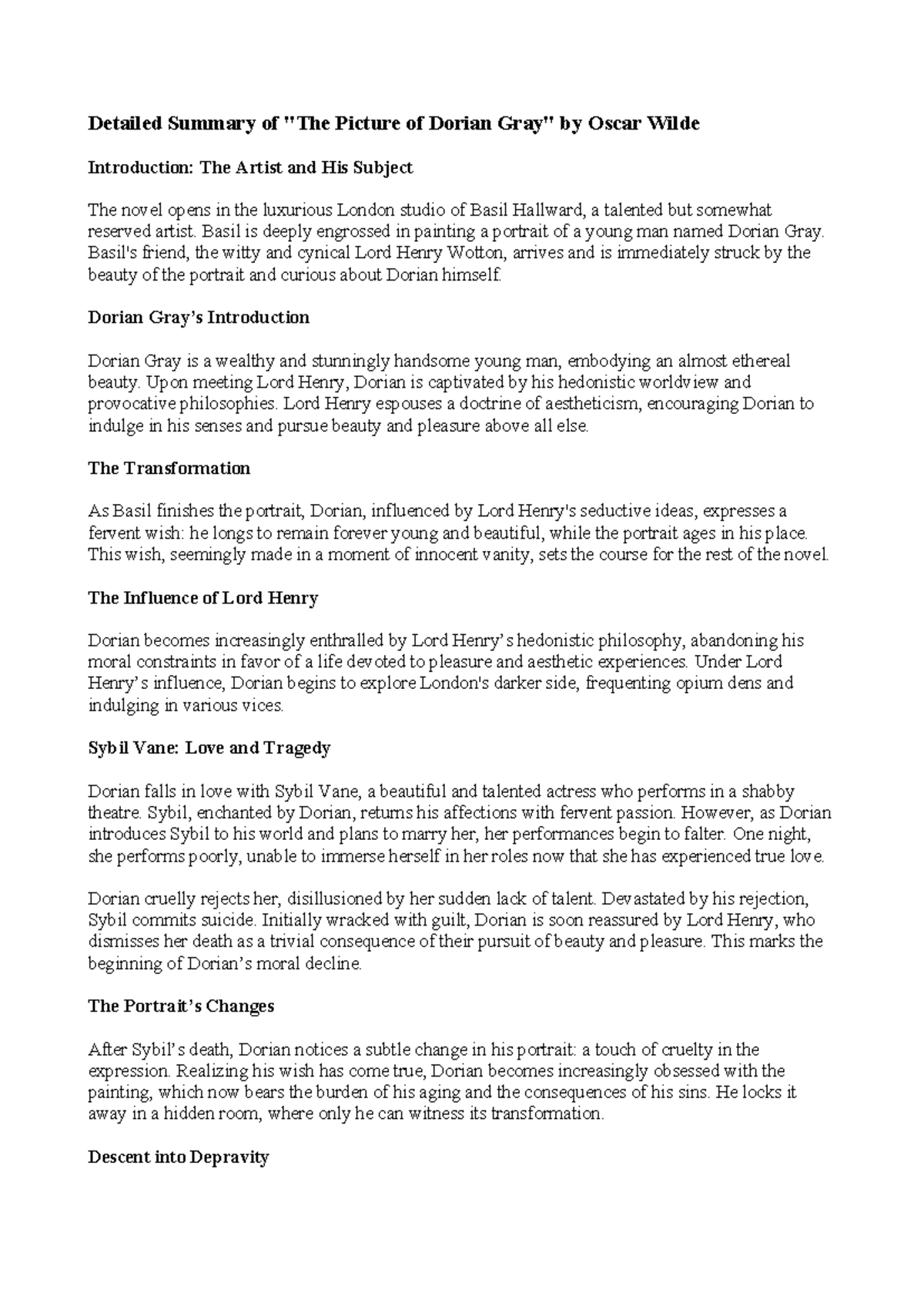 Detailed Summary of The Picture of Dorian Gray (ENG 101) - Studocu