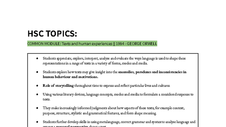 HSC English: Common Module - Texts & Human Experiences Analysis - Studocu