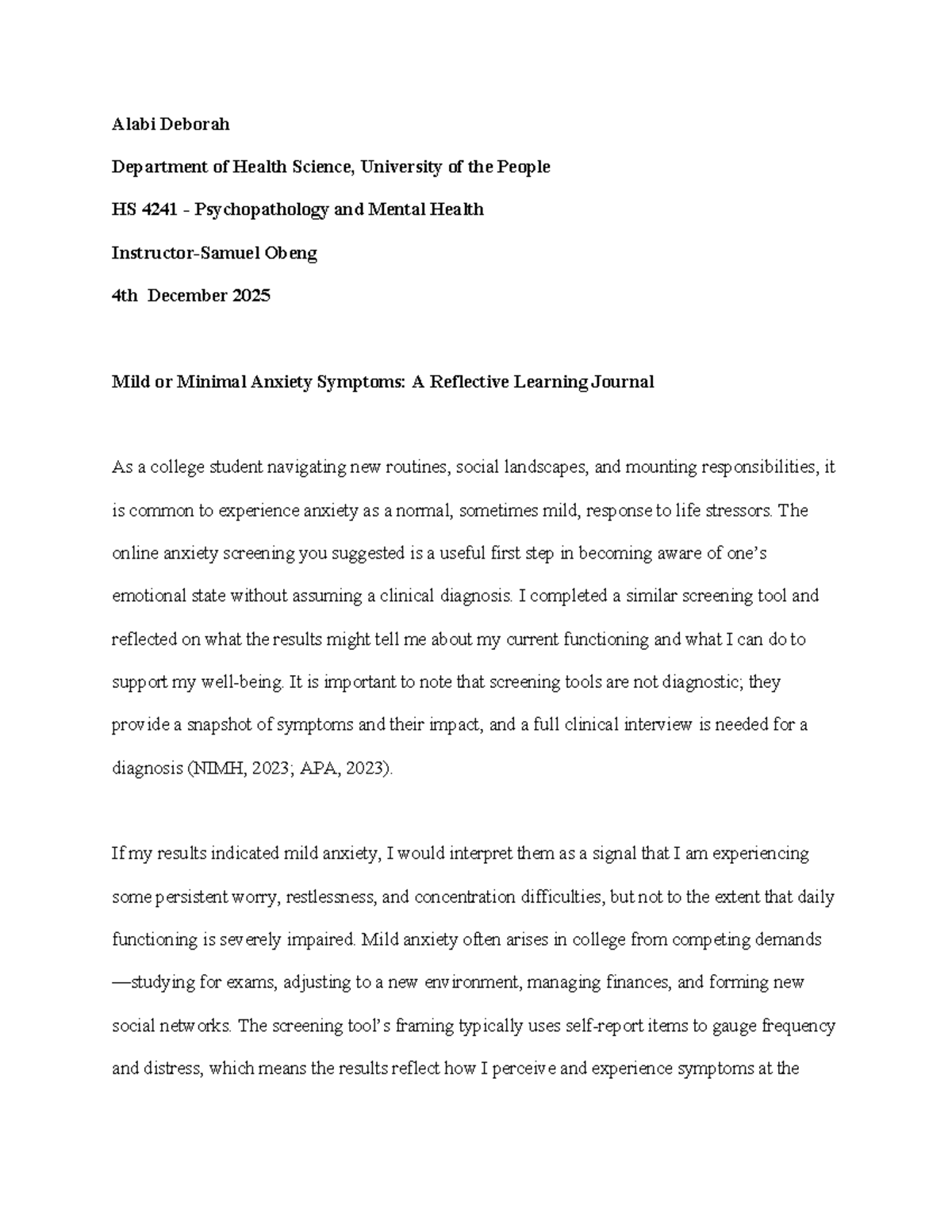 HS 4241 Reflective Journal on Mild Anxiety Symptoms and Coping ...