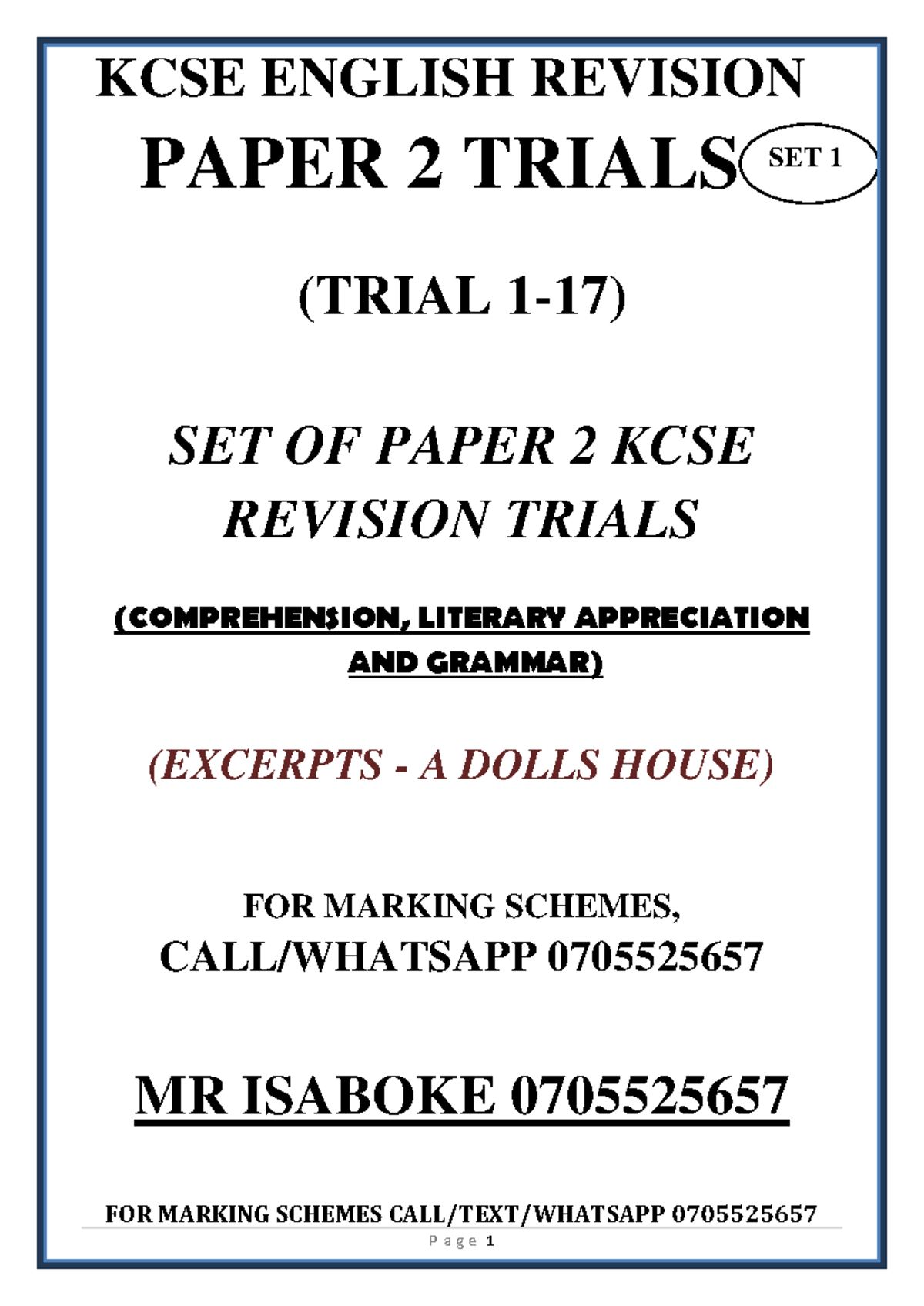 KCSE ENGLISH PP2 TRIALS SET 1: COMPREHENSION, LITERARY APPRECIATION ...