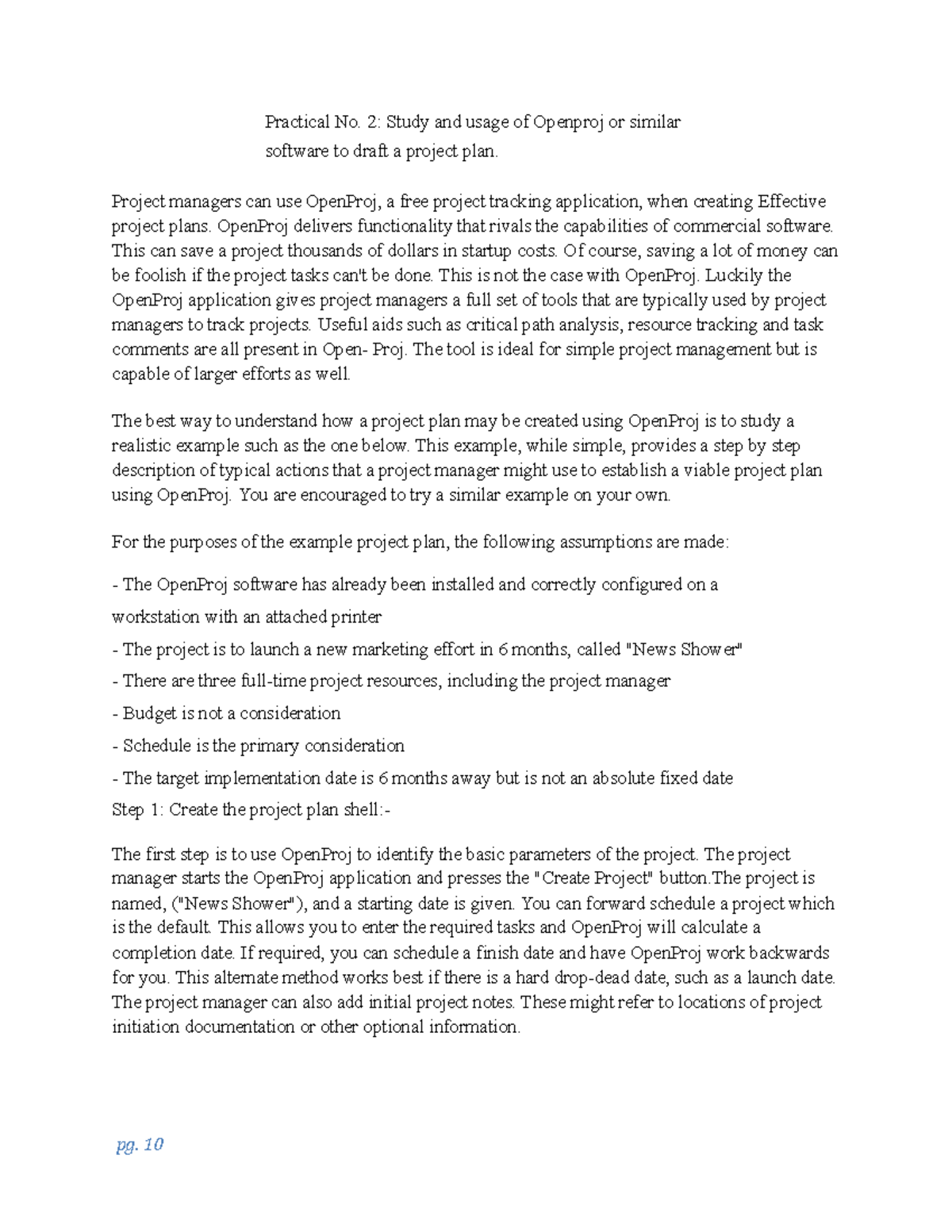 Software Engineering (CS101) Practical: OpenProj Project Planning Guide - Studocu