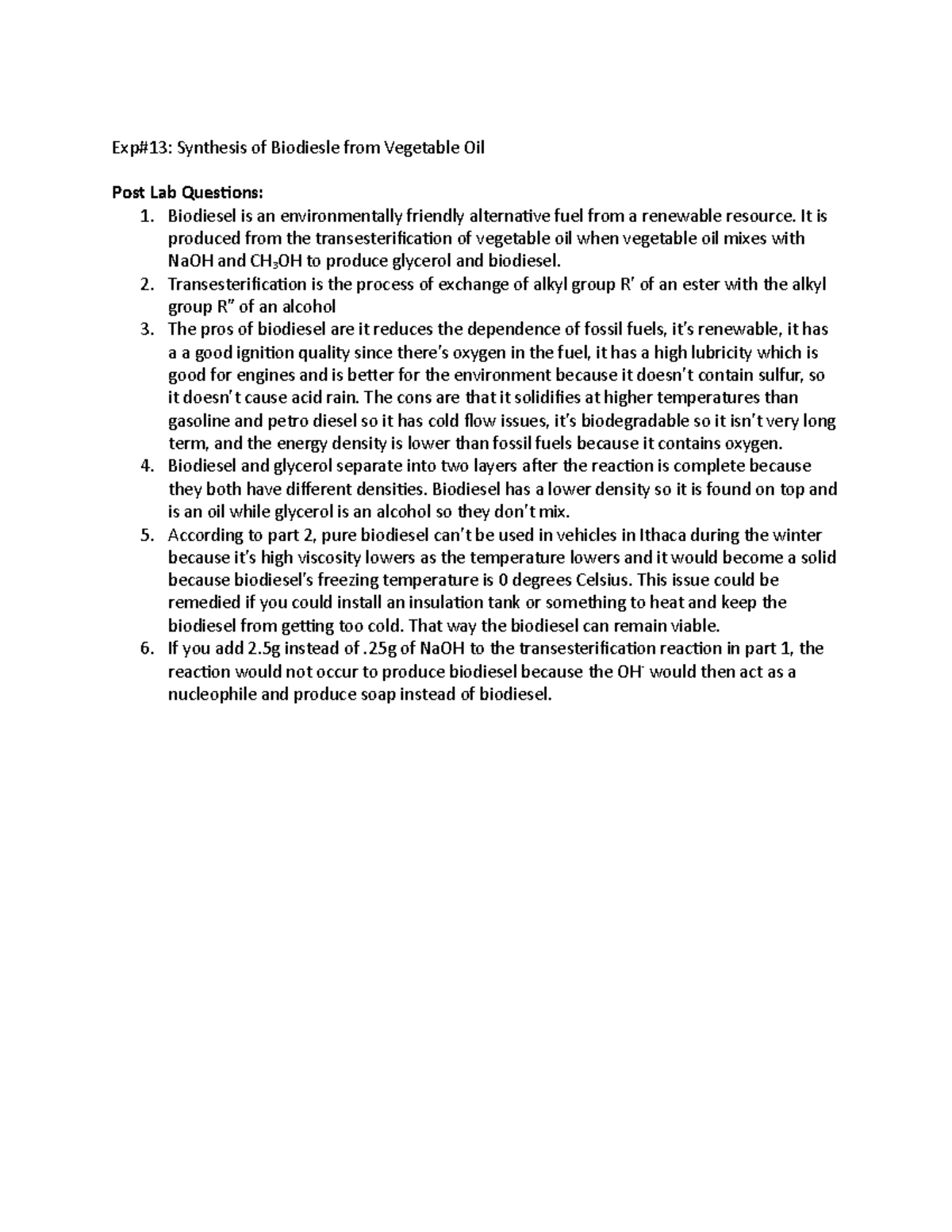 Chem post lab 13 - Post lab questions for experimental chemistry 1 ...