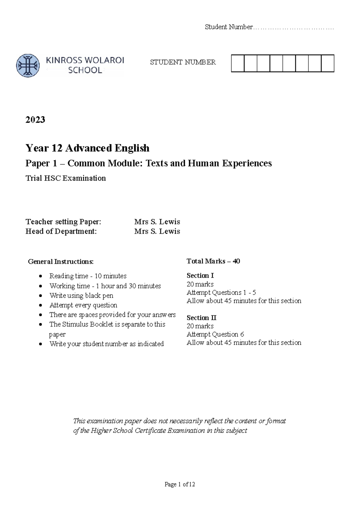 2023 English Advanced Common Module T&E Paper 1 - STUDENT NUMBER 2023 ...