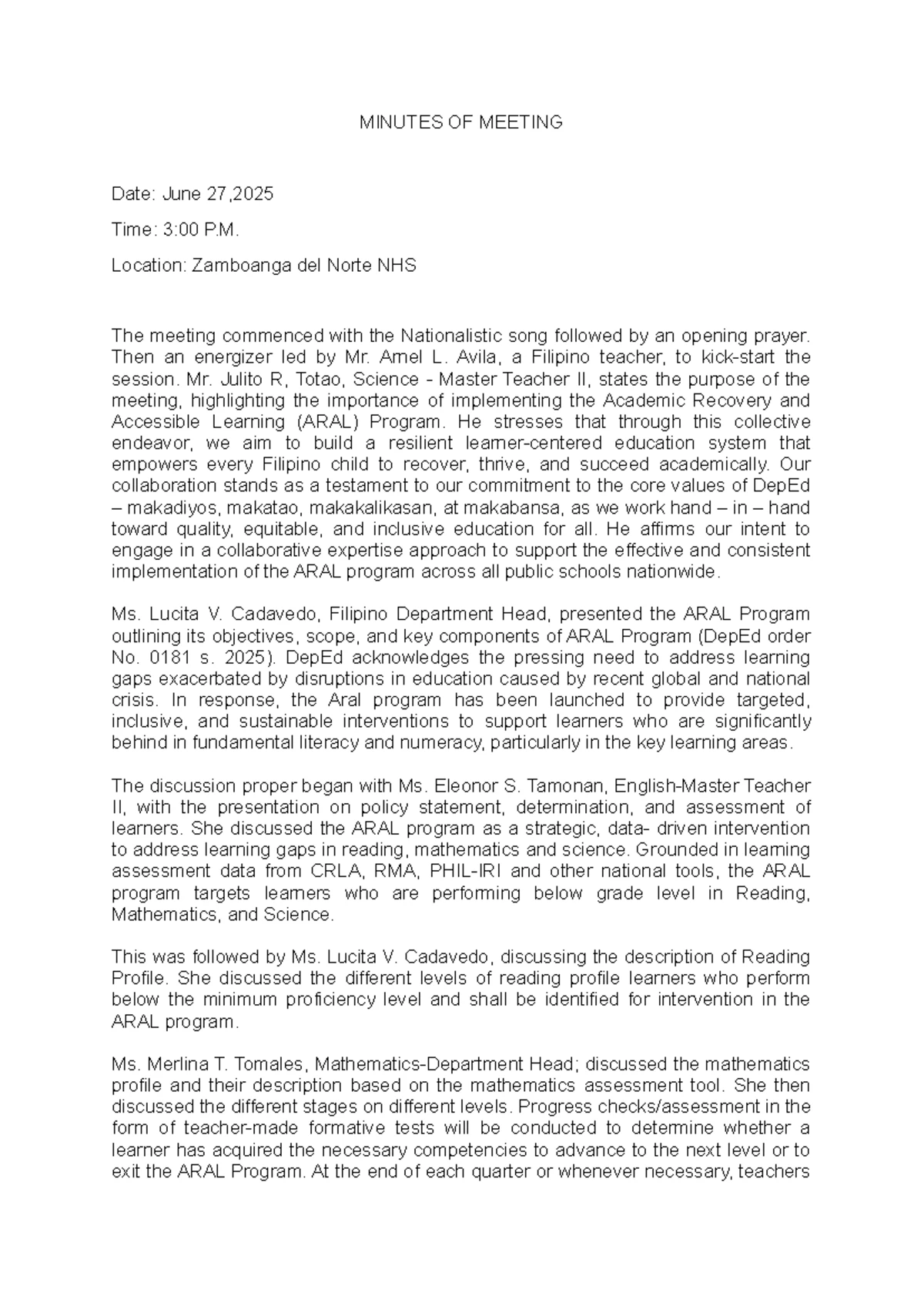 Minutes of Meeting: Collaborative Expertise on ARAL Program - June 27 ...