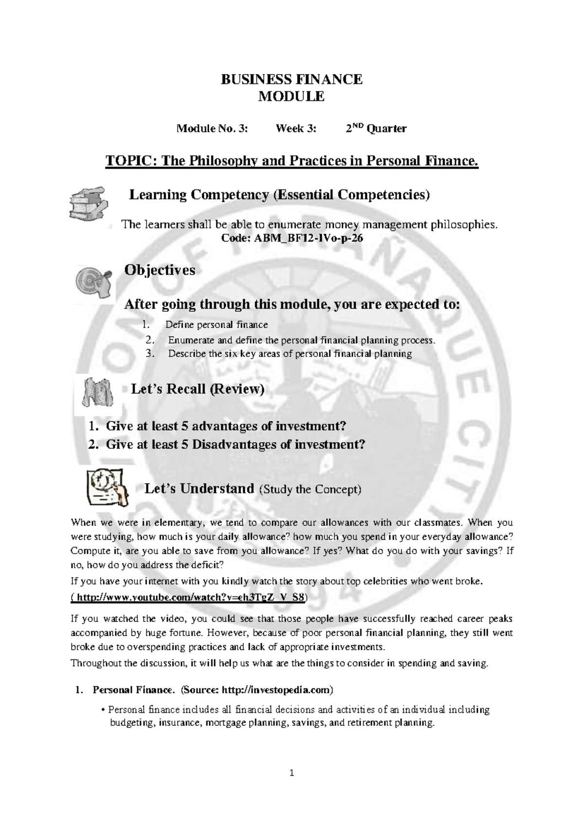 Business Finance Grade-12 QTR2 Module 3: Personal Finance Practices ...