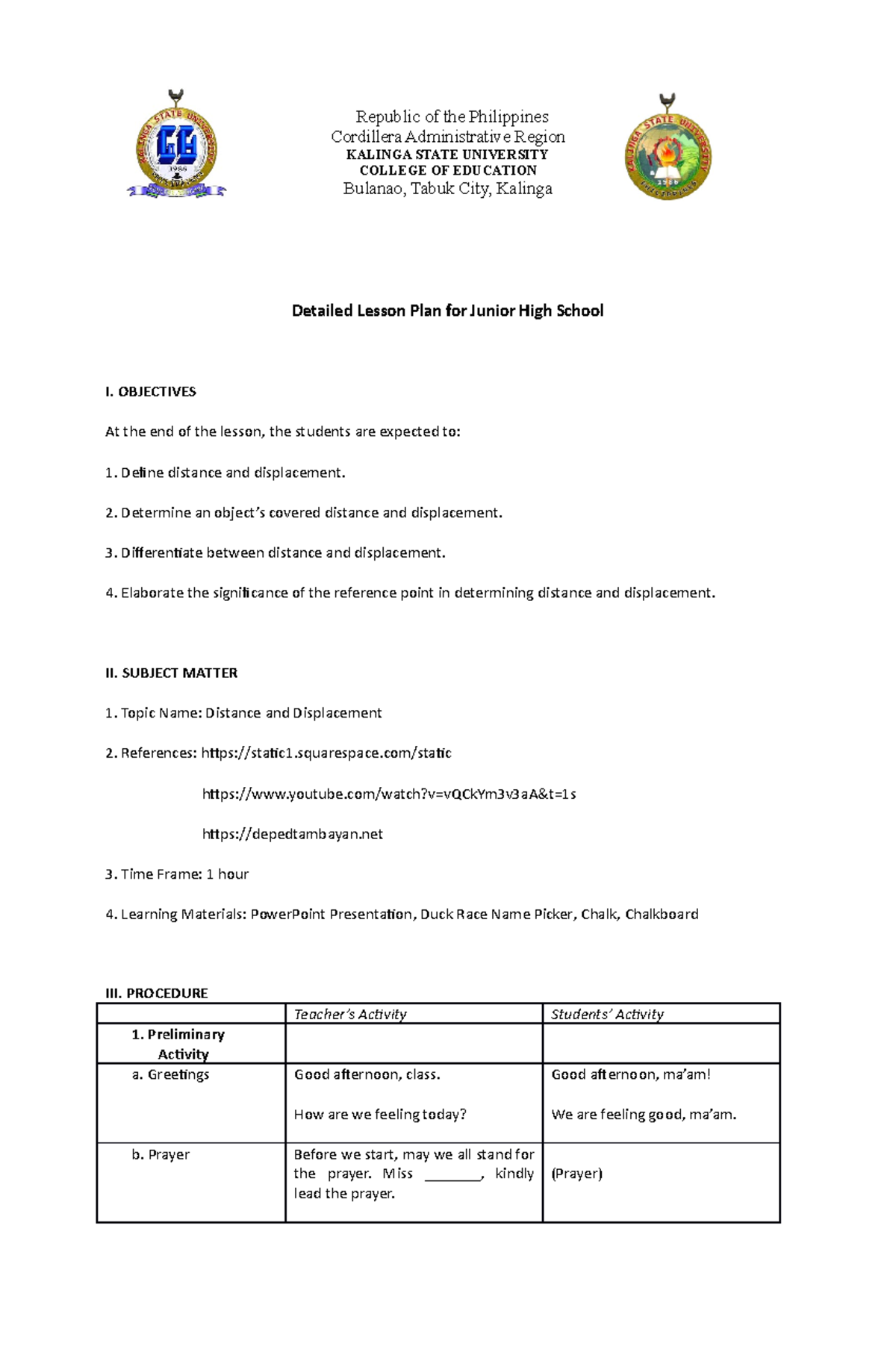 Distance and Displacement (Detailed Lesson Plan) - Republic of the ...