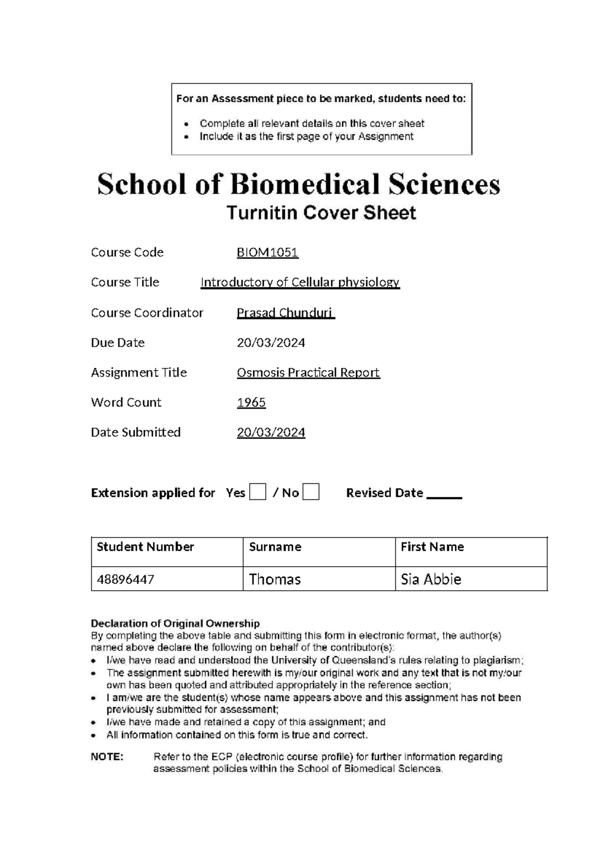 Osmosis Report Template BIOM1051 V3 (1) - Course Code BIOM Course Title ...