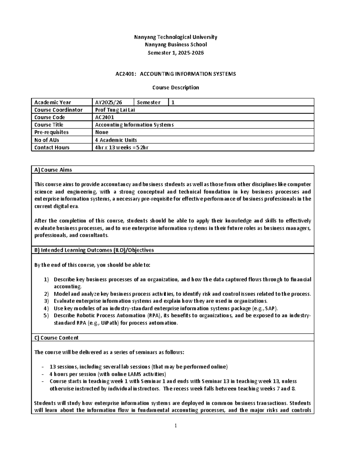 AC2401: Accounting Information Systems Course Outline for AY25S1 - Studocu