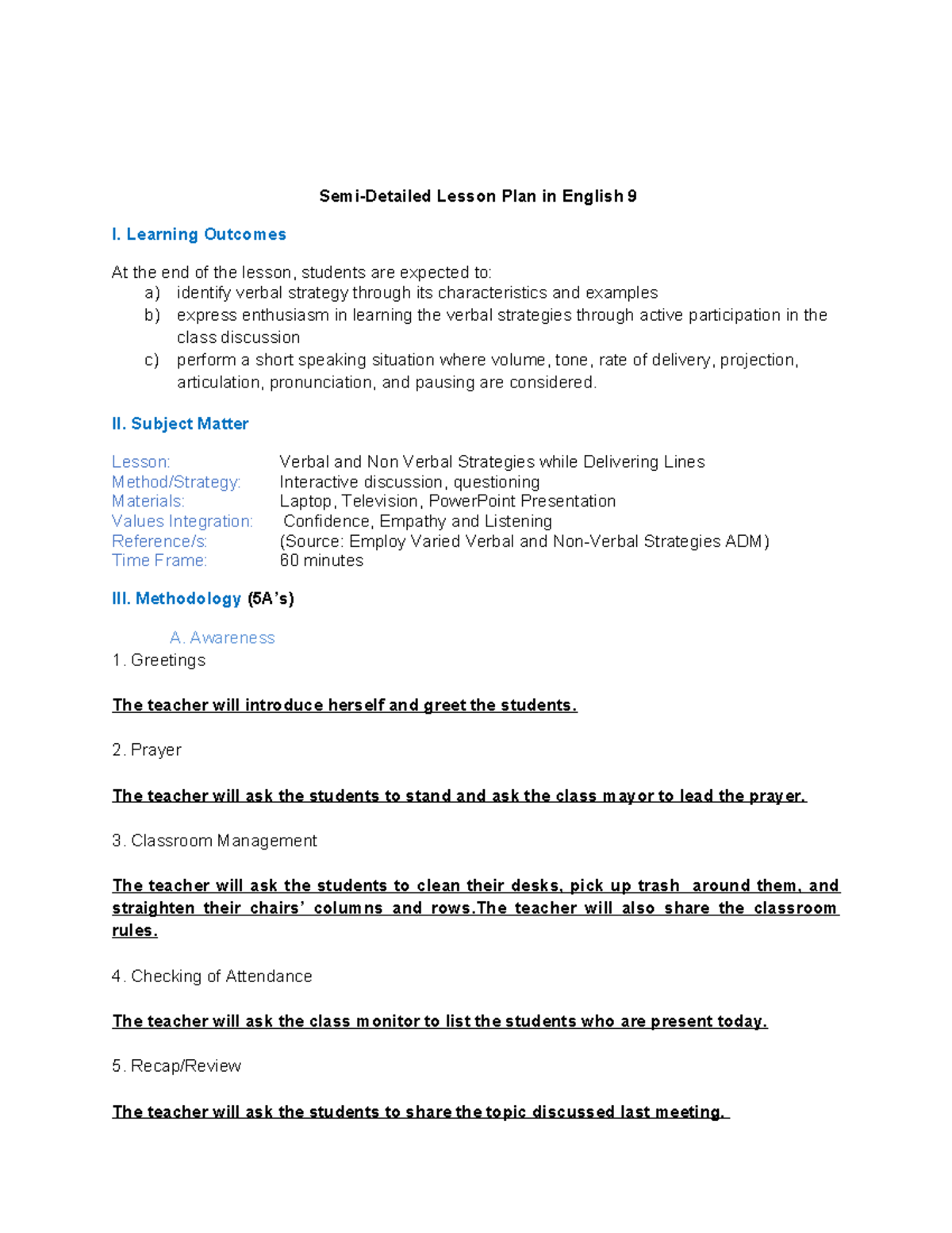 Lesson Plan: Verbal Strategies in Delivering Lines for English 9 - Studocu