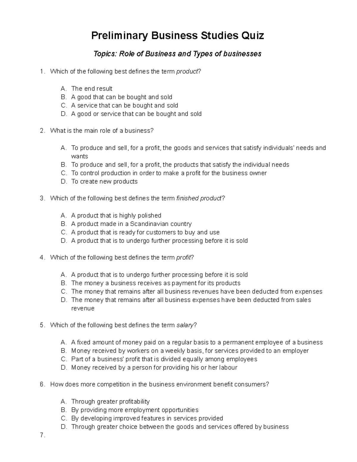 Preliminary Business Studies (BUS101) - MCQ Quiz on Role of Business ...
