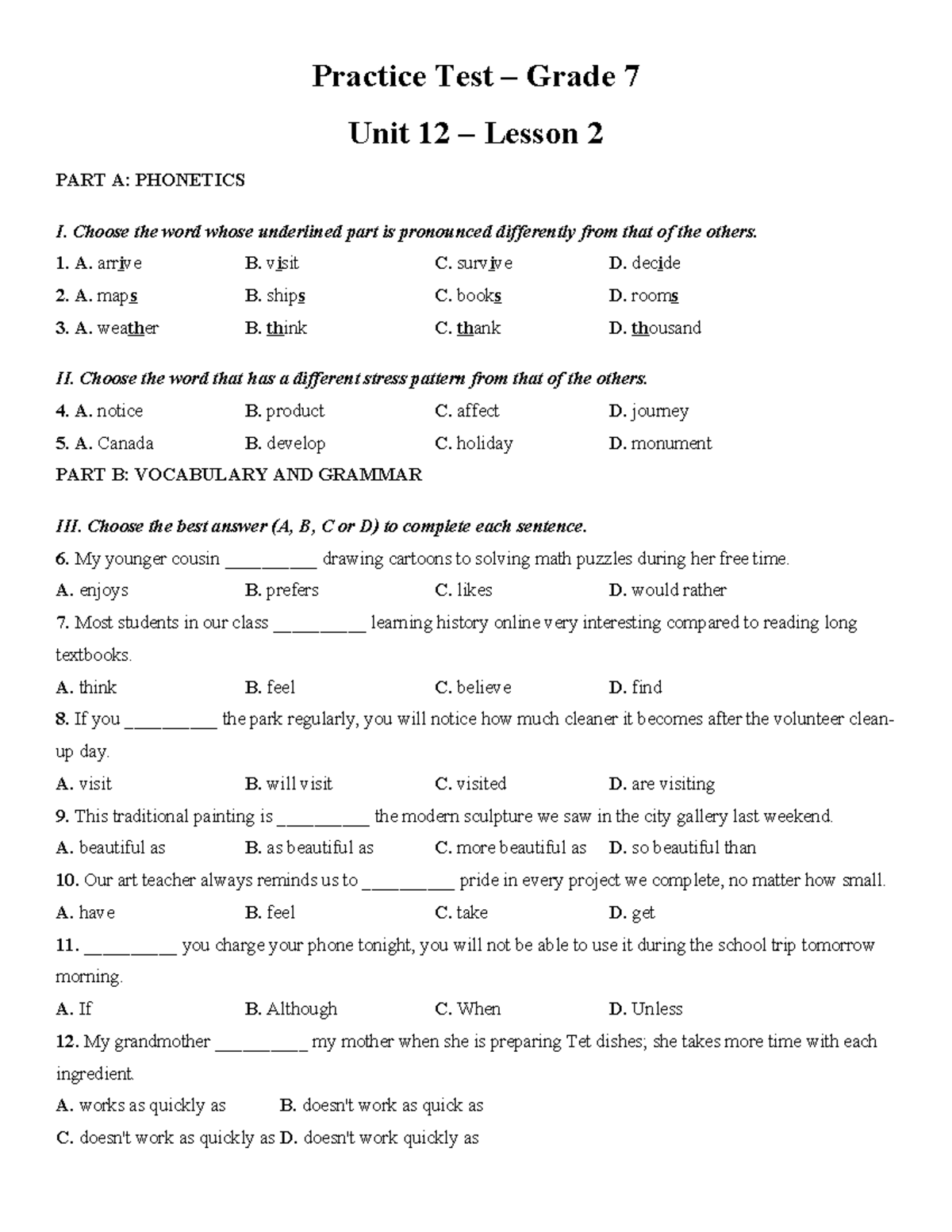 Unit 12 Lesson 2 - Practice Test for Grade 8 English - Studocu