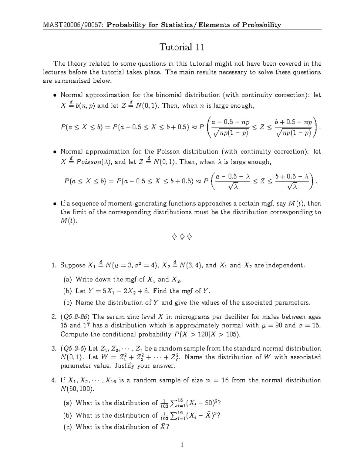 Tut 11 - tut 11 - MAST20006/90057: Probability for Statistics/ Elements ...