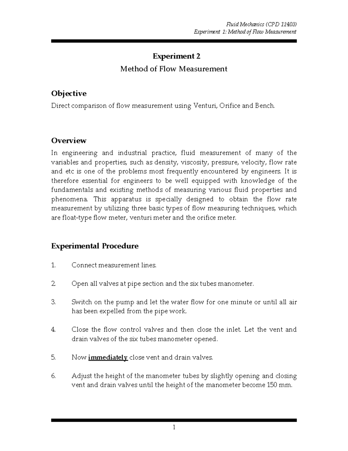 Experiment 2 - Lab report - Fluid Mechanics (CPD 12403) Experiment 2 ...