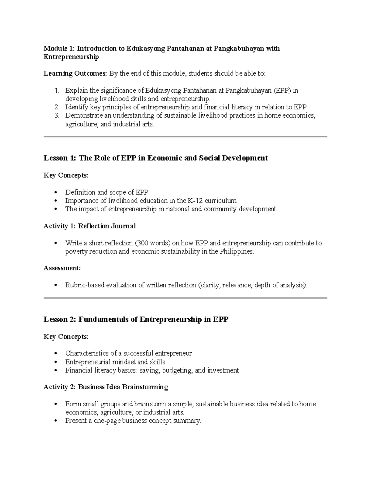 EPP Modules Overview - TLE 123: Entrepreneurship and Sustainability ...