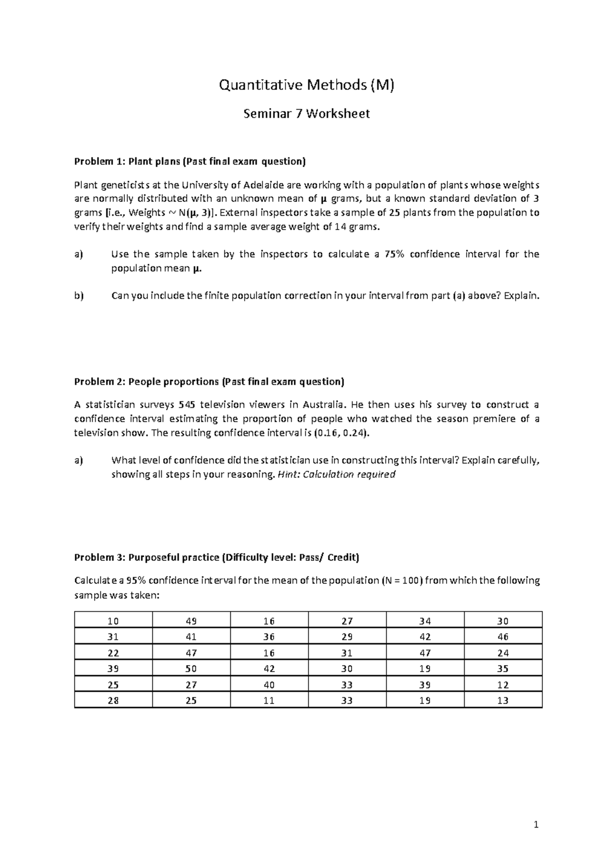 Seminar 7 Worksheet (M): Confidence Intervals & Proportions - Studocu