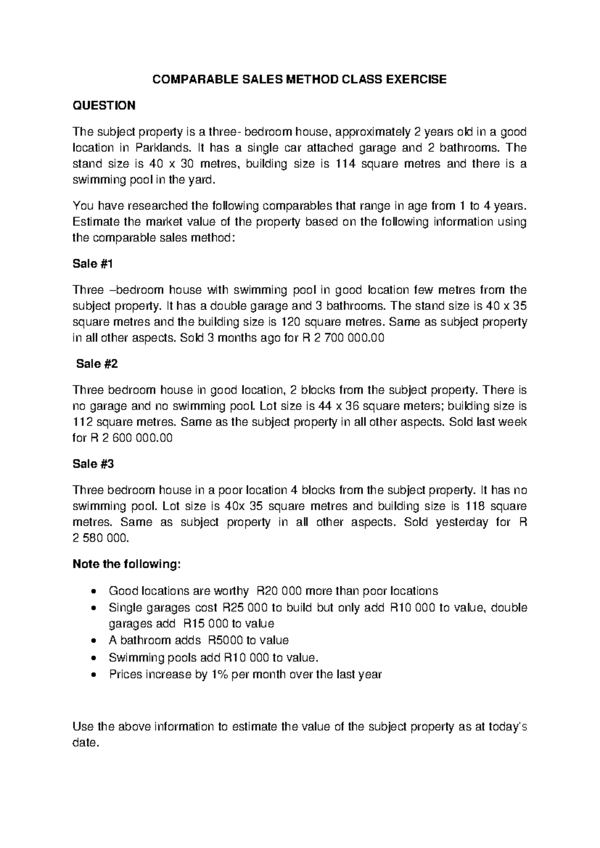 Comparable Sales Method Class Exercise Analysis - Studocu