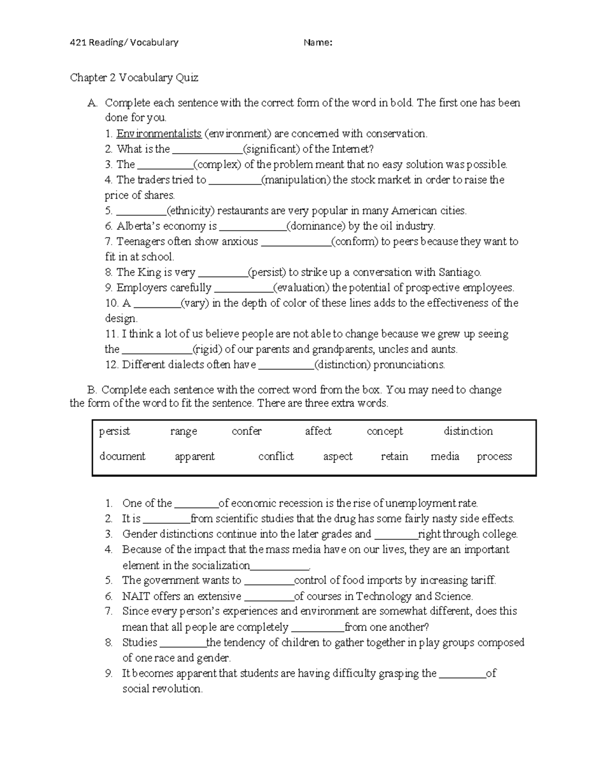 421 Vocabulary: Chapter 2 Quiz on Word Forms and Usage - Studocu