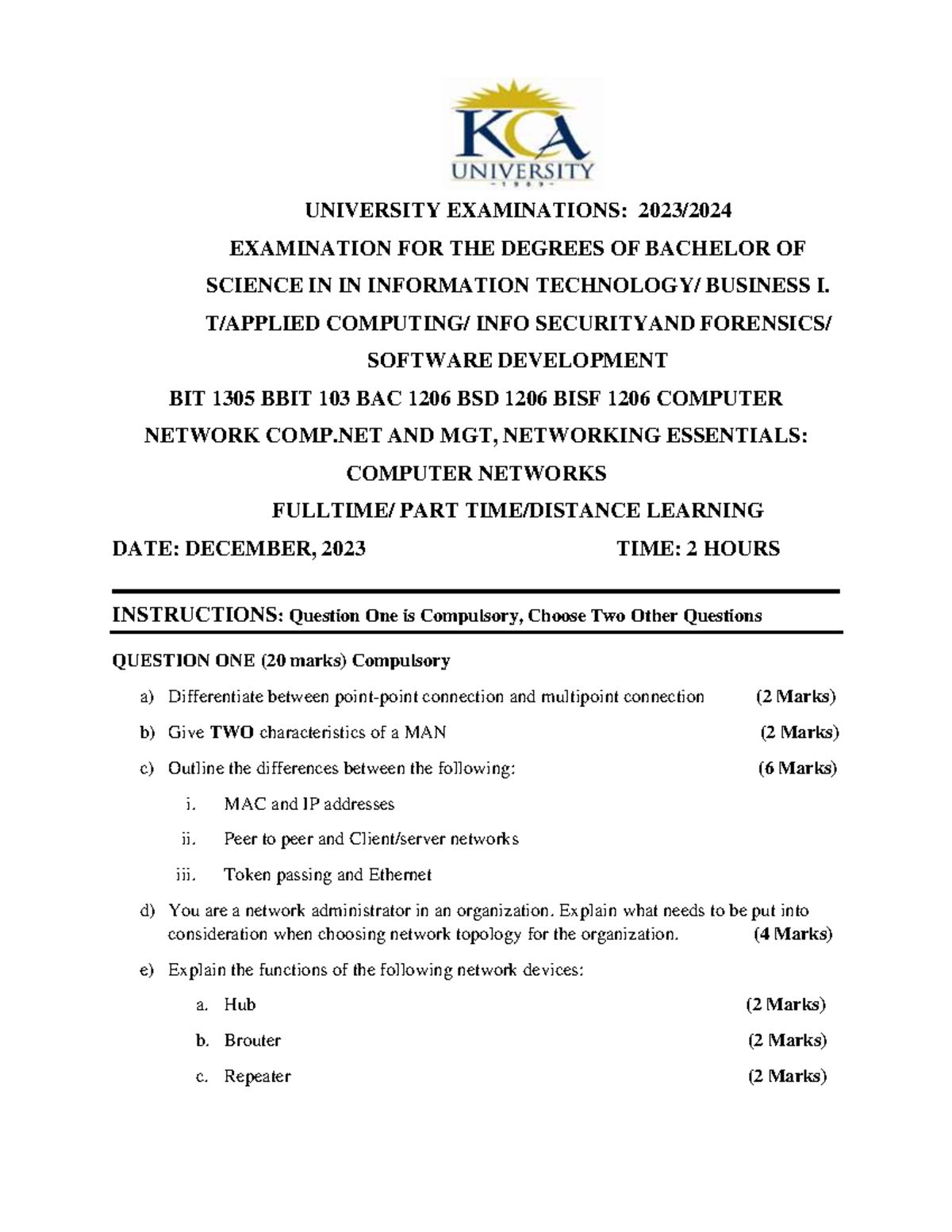 BIT 1305 Networking Essentials Final Exam Questions - December 2023 - Studocu