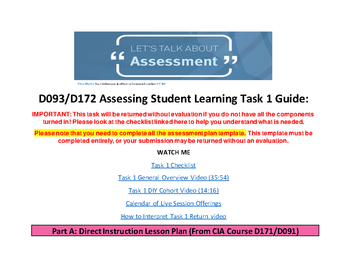 D093/D172 Task 1 Assessment Planning Guide for Student Learning - Studocu