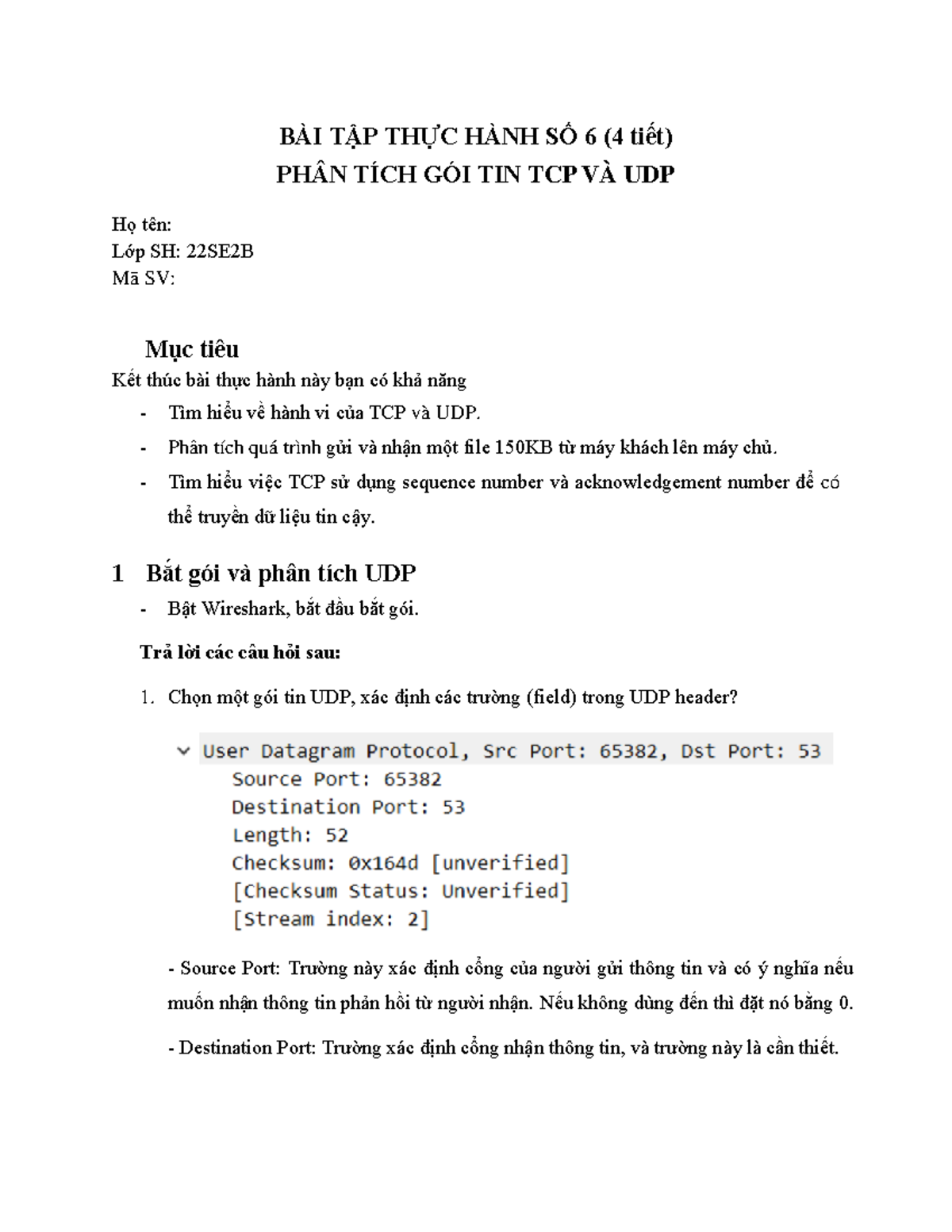 BÀI TẬP THỰC HÀNH SỐ 6: PHÂN TÍCH GÓI TIN TCP VÀ UDP (4 tiết) - Studocu