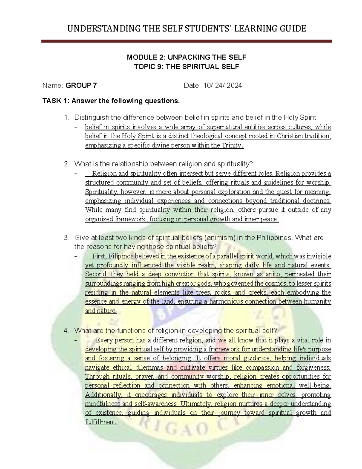Group 7: Learning Guide on the Spiritual Self - Module 2 Insights - Studocu