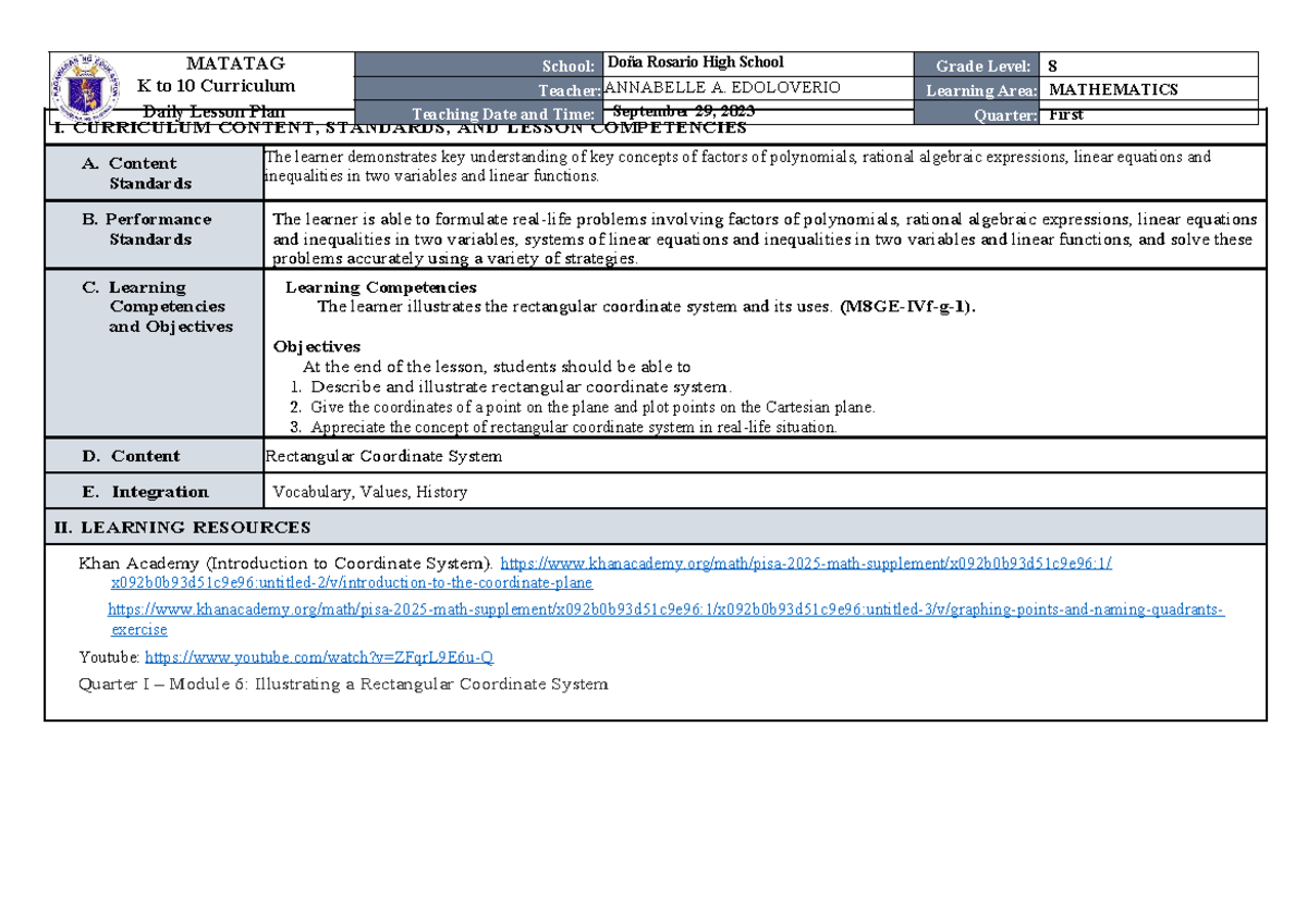MATATAG K to 10 Math Lesson Plan (Grade 8) - Rectangular Coordinate ...