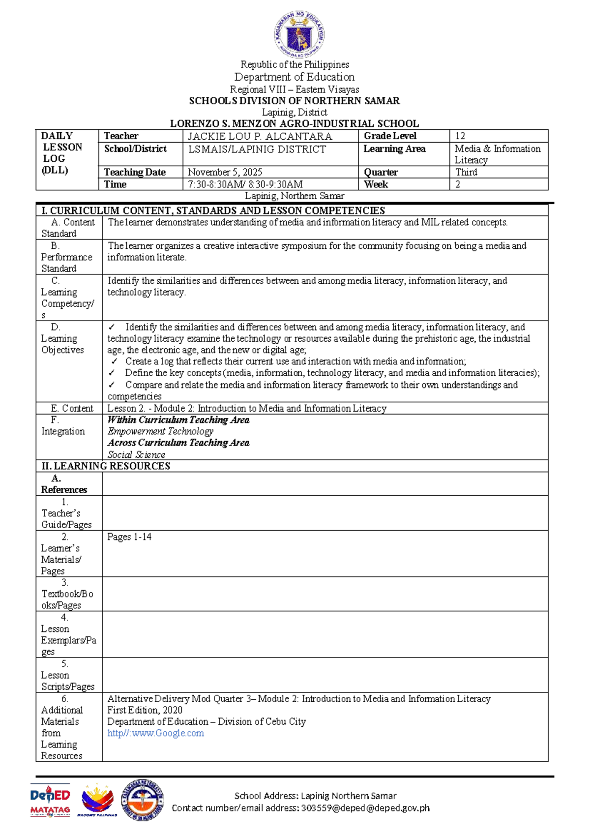 MIL 3rd Quarter W2 Lesson Log: Media & Information Literacy - Studocu