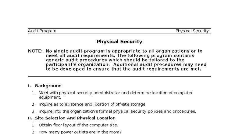 Audit Program: Physical Security Procedures and Guidelines - Studocu