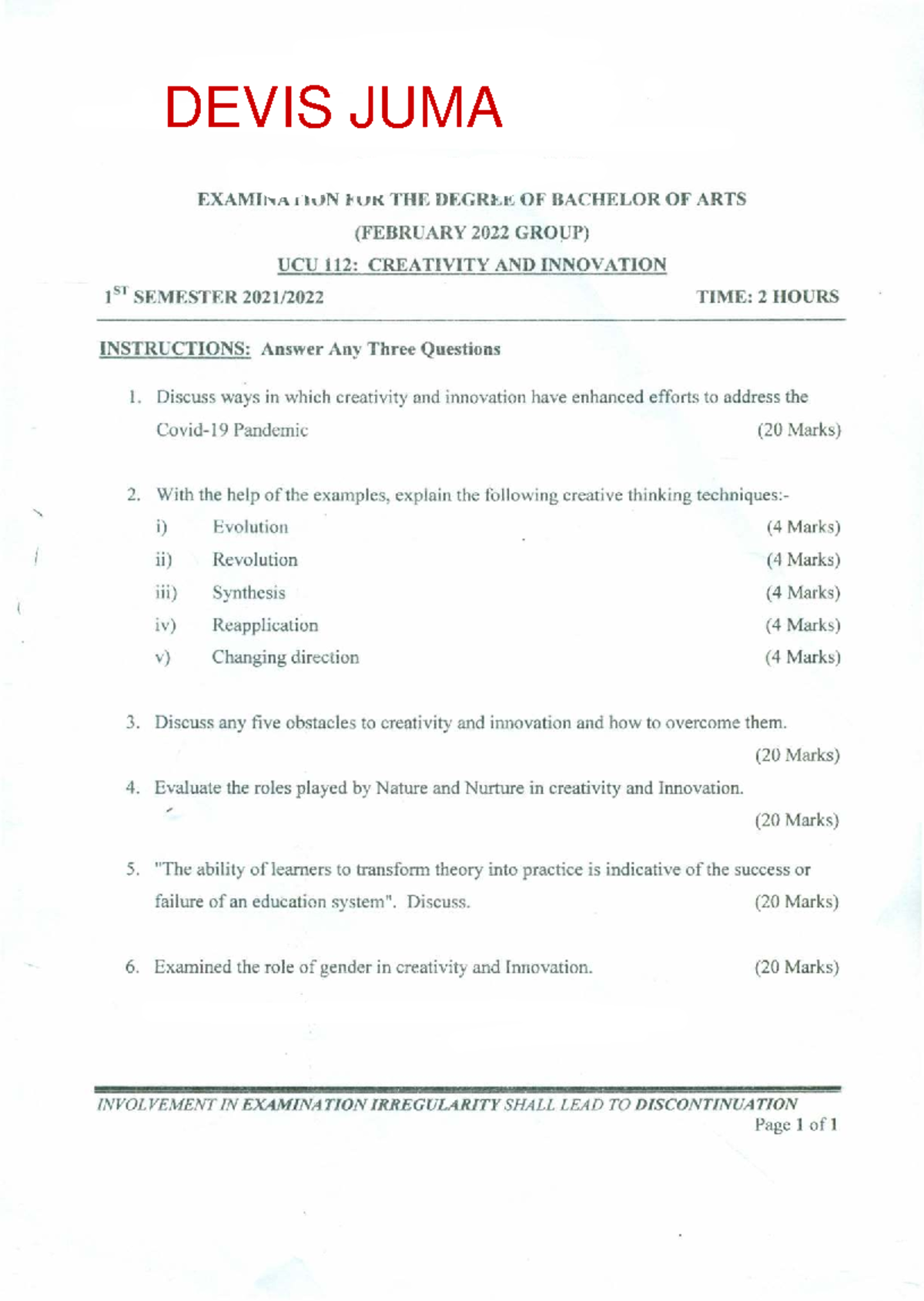 UCU 112: Creativity and Innovation Exam Paper - February 2022 - Studocu