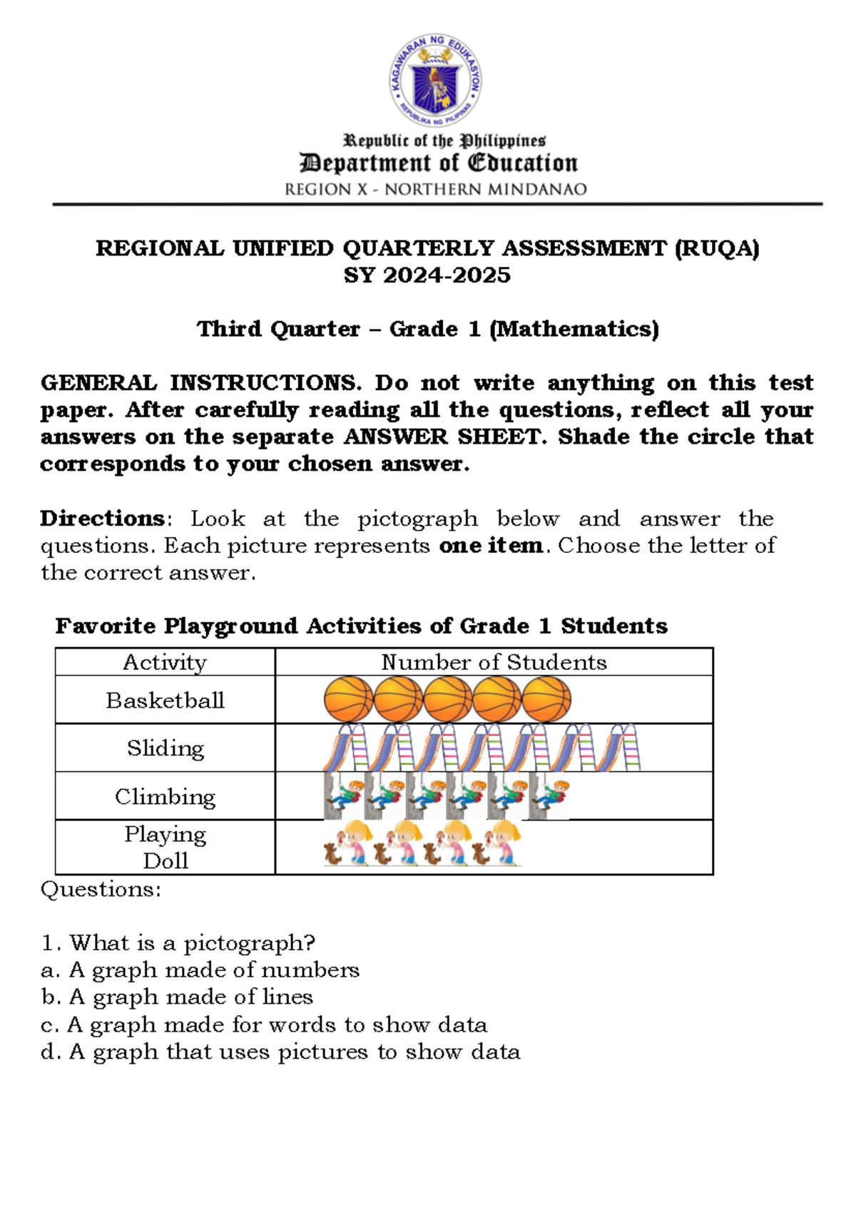 MATH 1 Q3 RUQA Final Assessment - Grade 1 Mathematics - Studocu