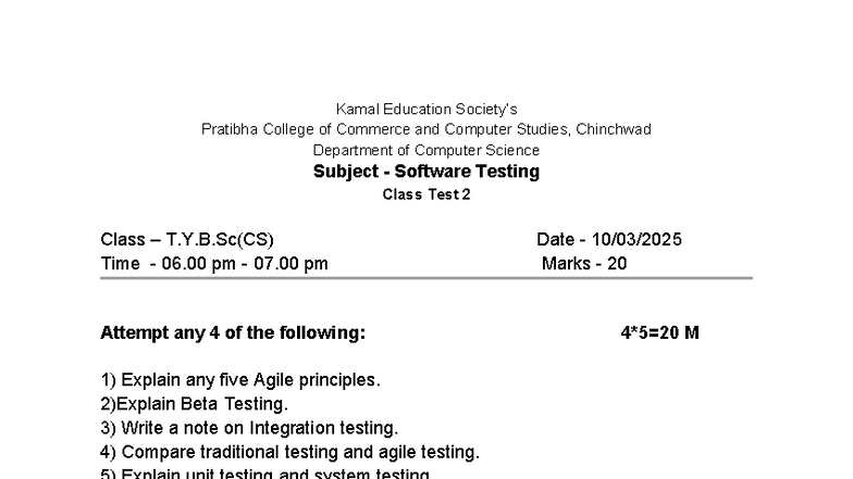 Software Testing Class Test-2 - Kamal Education Society’s Pratibha ...